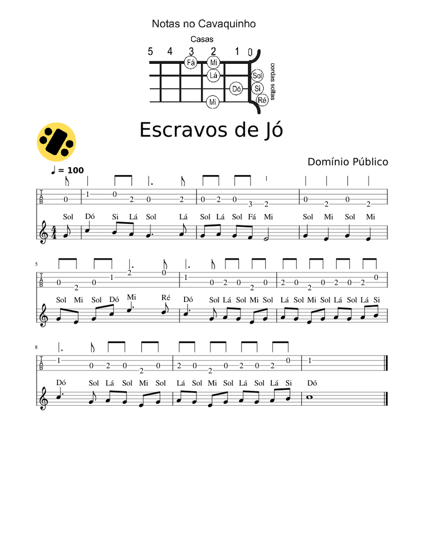 Escravos de Jó - Partitura e Tablatura solfejo com notas no cavaquinho ...