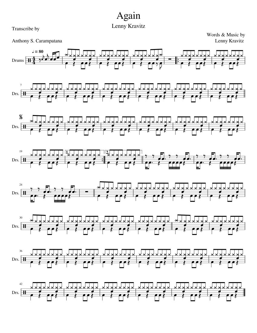Again Sheet Music and Tab for Drum group (Solo) | MuseScore.com