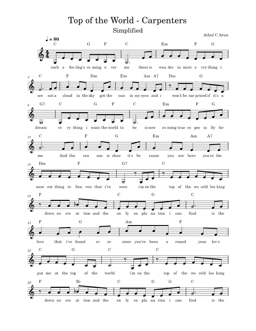 Top of the World - Carpenters Sheet Music with Chords for Piano (Solo ...