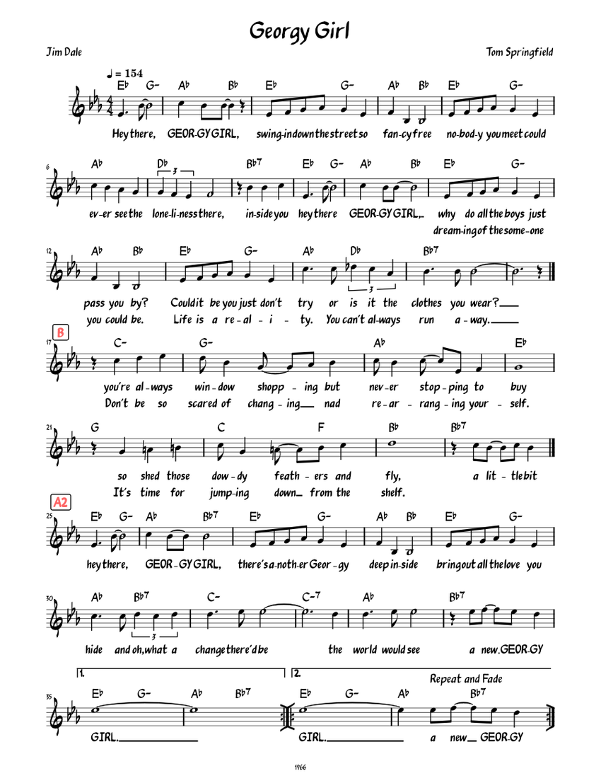 Georgy Girl (Lead sheet with lyrics ) Sheet Music with Chords for Piano ...