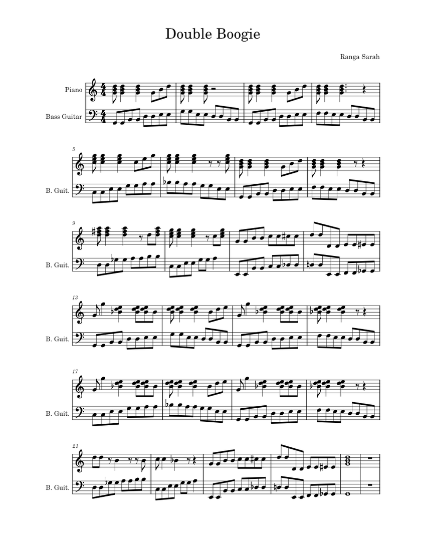 Double Boogie Sheet Music for Piano, Bass guitar (Mixed Duet ...