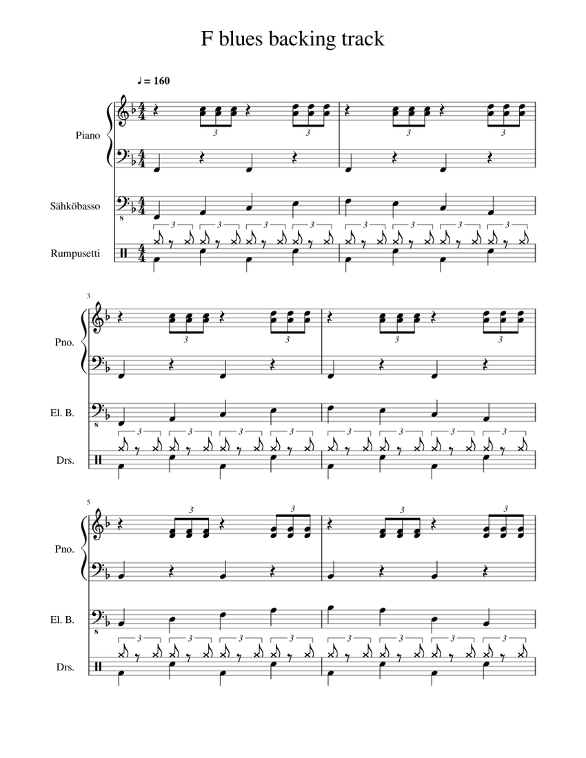 F blues backing track Sheet Music for Piano, Bass guitar, Drum group ...