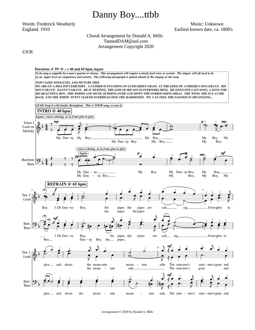 Danny Boy Sheet music for Tenor, Baritone (Men’s Choir) | Musescore.com
