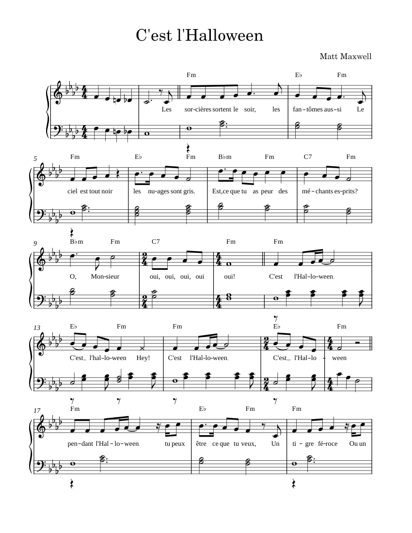 C'est l'Halloween – Matt Maxwell Sheet Music with Chords for Piano ...