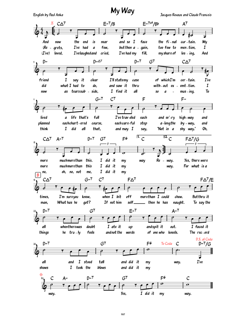 My Way (Lead sheet with lyrics ) Sheet music for Piano (Solo ...