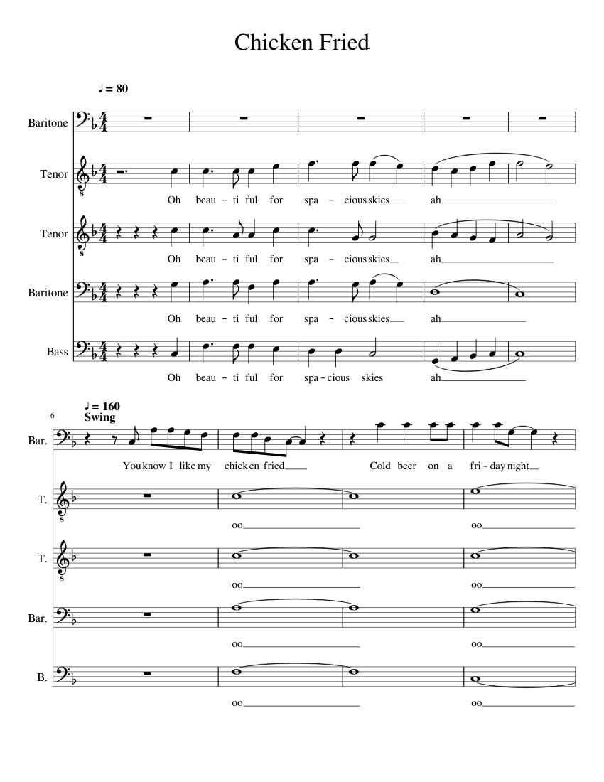 Chicken Fried (acapella) Sheet Music for Tenor, Bass voice, Baritone (A ...