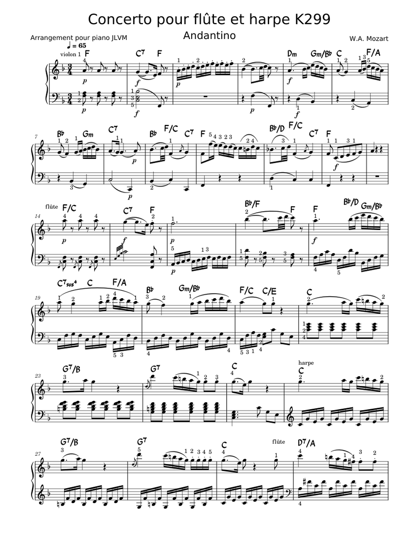 Mozart concerto pour flute et harpe K.299 Andantino transcription piano avec accords chiffrés ...