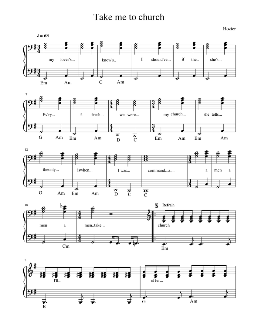 Take me to church Hozier Sheet Music with Chords for Piano (Solo) Easy ...
