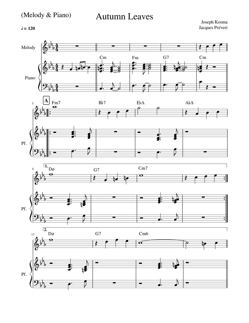 Autumn Leaves (melody & piano) Sheet Music with Chords for Piano (Solo ...