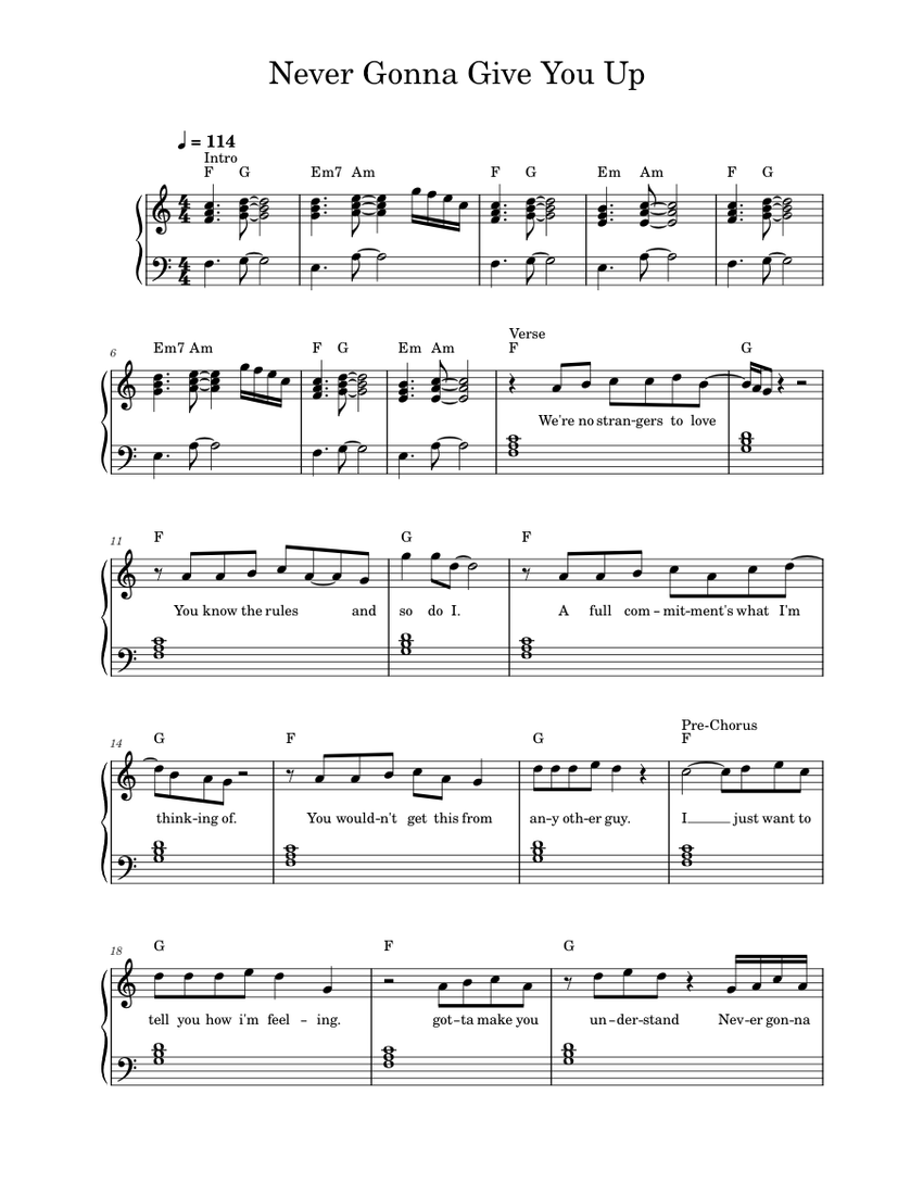 Never Gonna Give You Up – Rick Astley (Easy Piano) Sheet music for ...