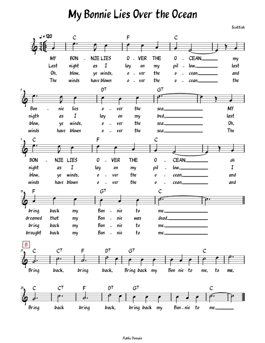 My Bonnie Lies Over the Ocean (Lead sheet with lyrics ) Sheet music for ...