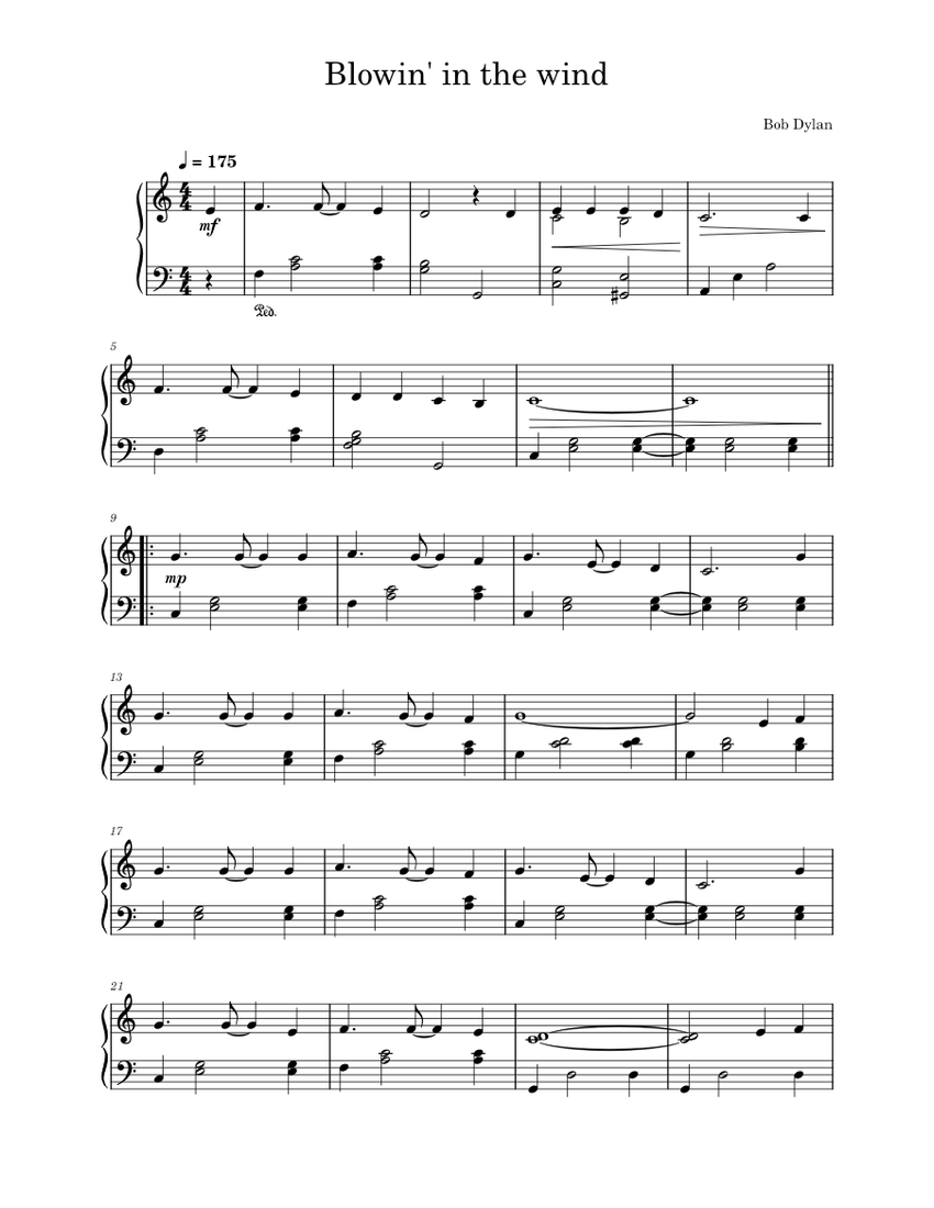 Blowin' In The Wind – Bob Dylan Sheet Music for Piano (Solo) Easy ...