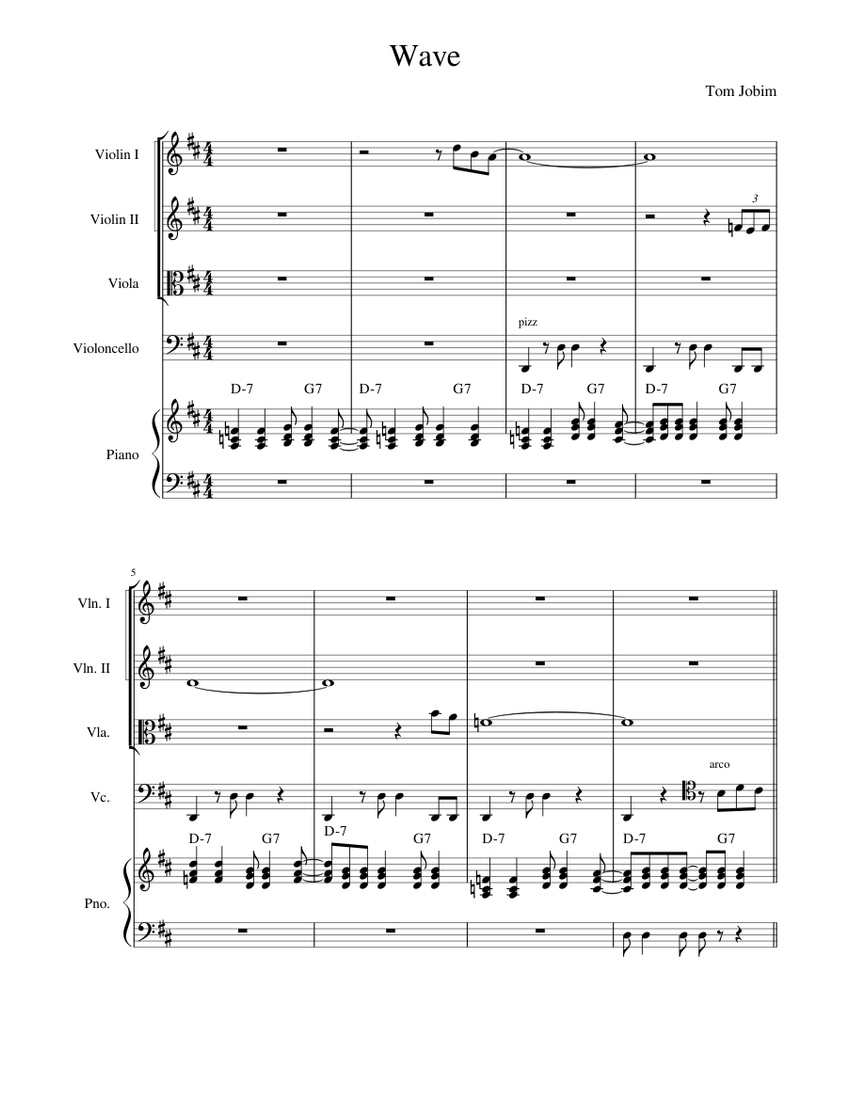 Wave Sheet Music with Chords for Piano, Violin, Viola, Cello (Piano ...
