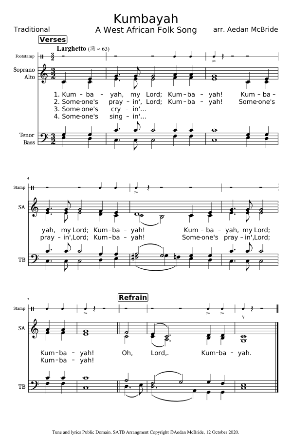 [SATB] Kumbayah (African Hymn) Sheet Music for Alto, Male, Stamp (SATB ...