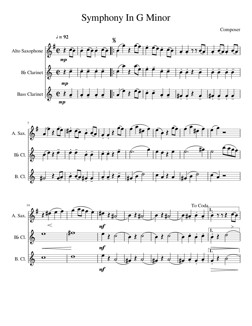 Symphony In G Minor Sheet music for Clarinet in b-flat, Clarinet bass ...