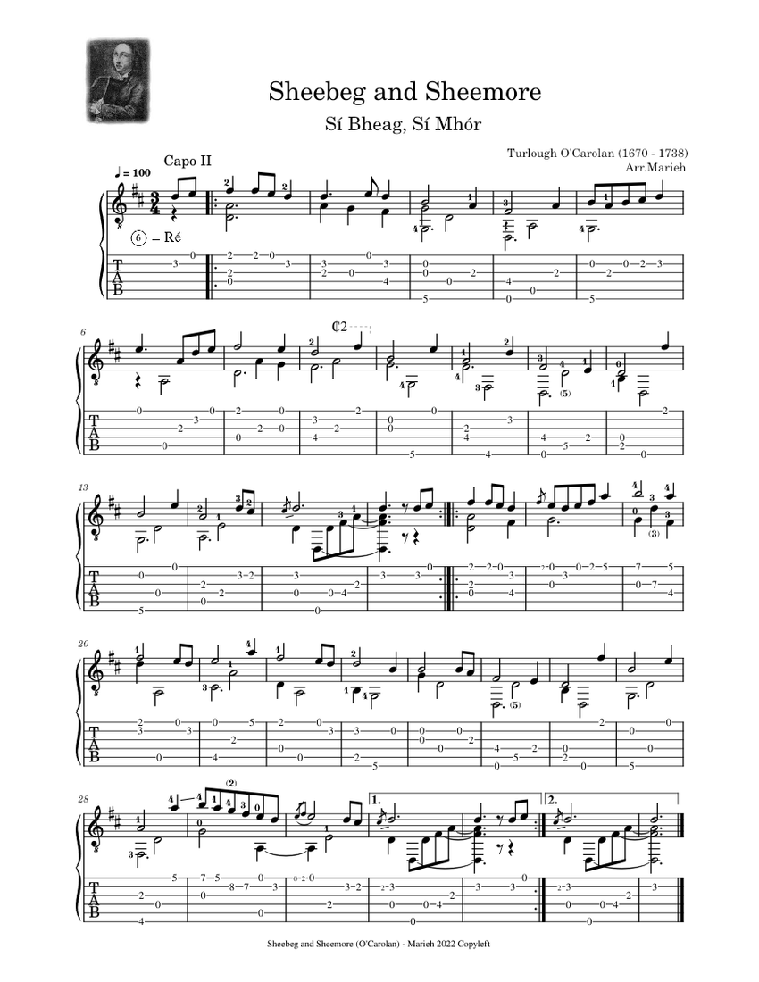 Sheebeg and Sheemore – Turlough O'Carolan (1670-1738) - Tablature Sheet ...