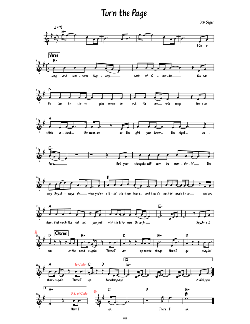 Turn the Page (Lead sheet with lyrics ) Sheet music for Piano (Solo ...