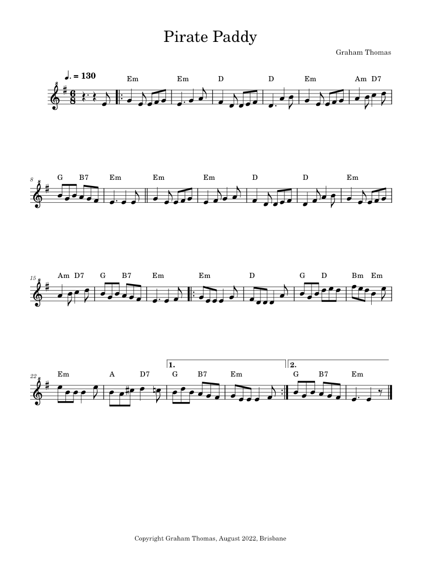 Pirate Paddy Sheet Music with Chords for Recorder (Solo) | MuseScore.com