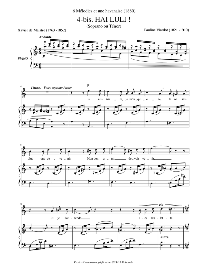 Viardot, Pauline - 6 Mélodies et une havanaise - No.4-bis Hai Luli ! - A minor Sheet Music for ...