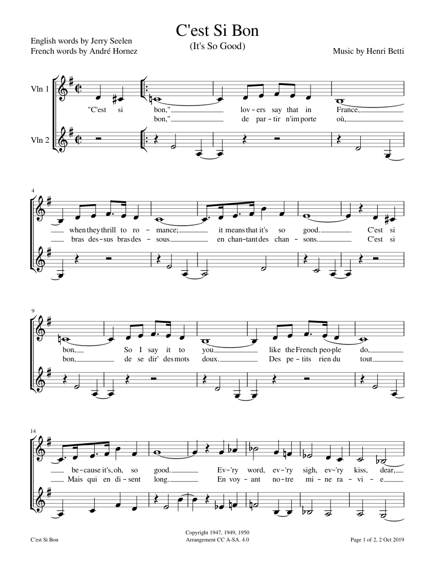 C'est Si Bon Sheet Music for Violin (String Duet) | MuseScore.com