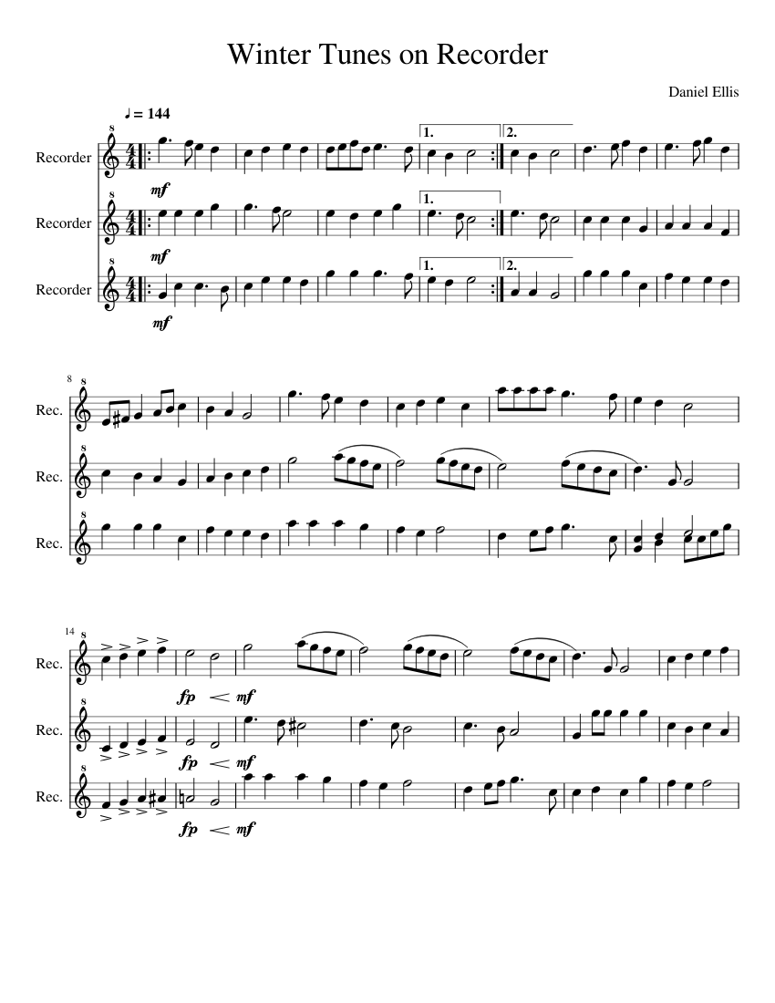 Winter Tunes on Recorder Sheet music for Recorder (Mixed Trio ...