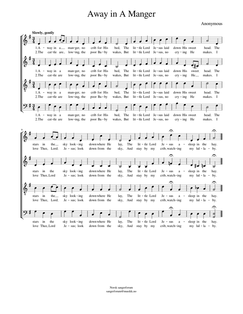 Away in A Manger Sheet Music for Soprano, Alto, Tenor, Bass voice ...