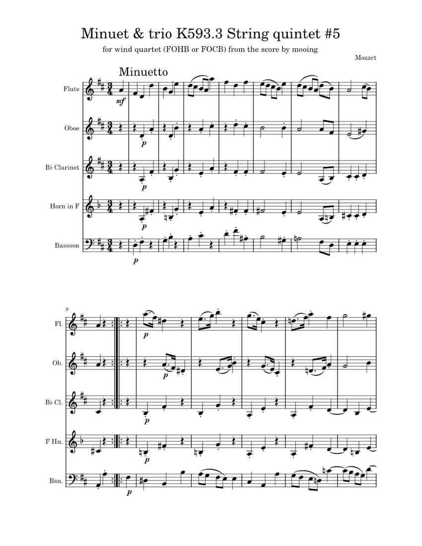 Minuet and trio from String Quintet No.5 in D major, K.593 – Wolfgang Amadeus Mozart Sheet music ...