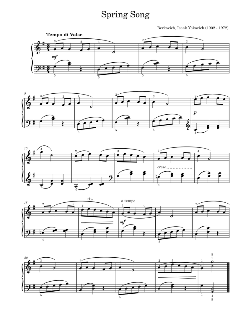 Spring Song – Isaak Berkovich Sheet Music for Piano (Solo) easy ...