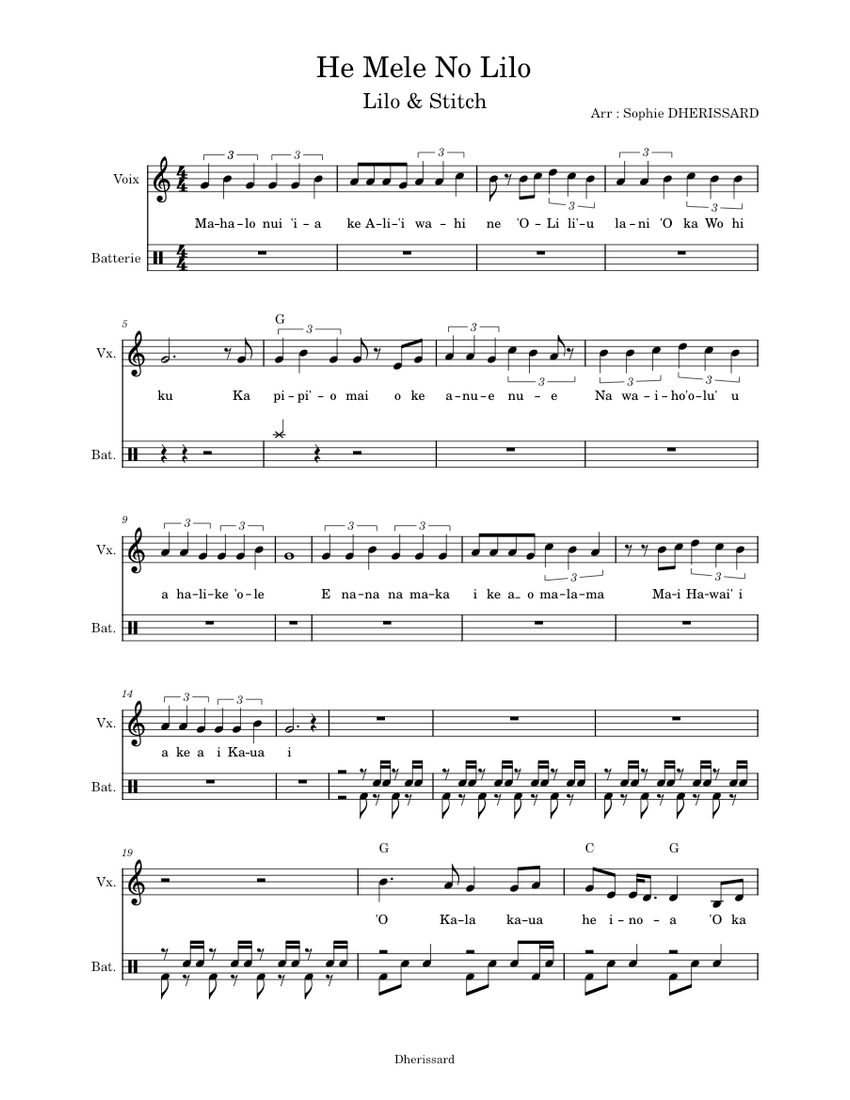 He Mele No Lilo Sheet Music with Chords for Vocals, Drum group (Women’s ...