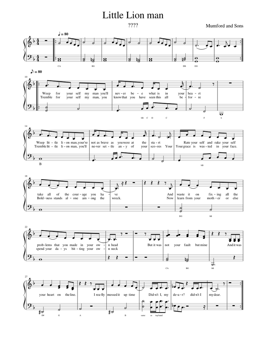 Little Lion Man – Mumford & Sons Sheet Music for Piano (Solo) easy ...