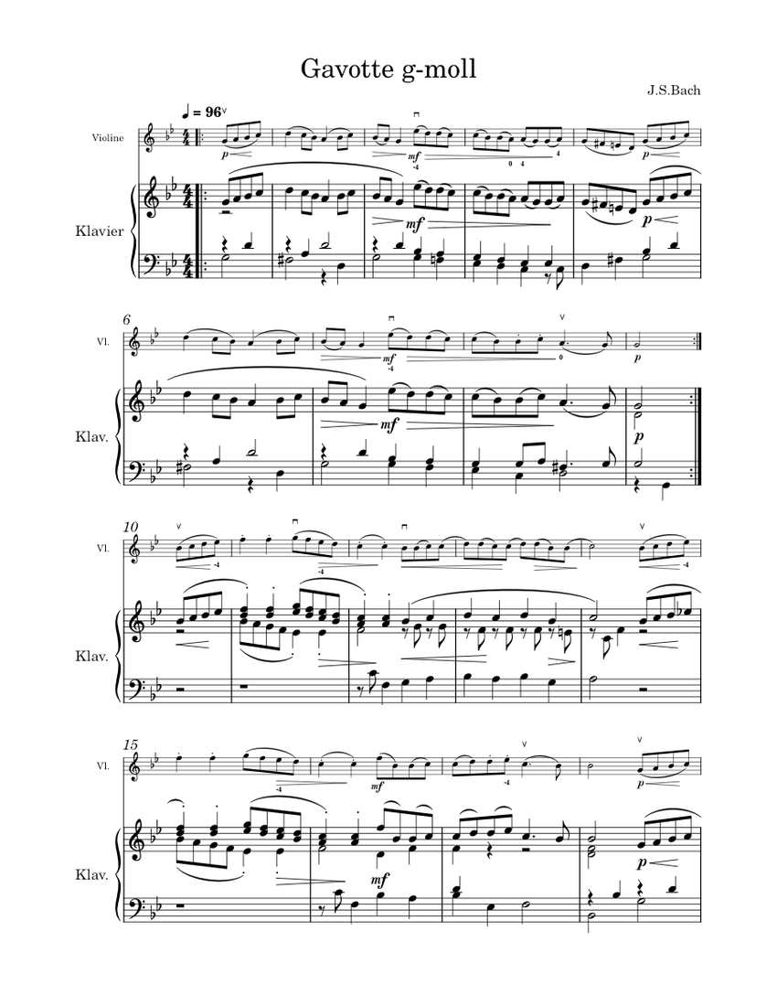 Gavotte in G Minor – Johann Sebastian Bach Sheet Music for Piano ...