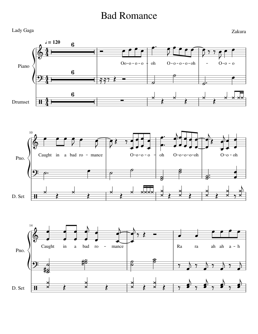 Lady Gaga Bad Romance Sheet Music for Piano, Drum group (Mixed Duet) | MuseScore.com