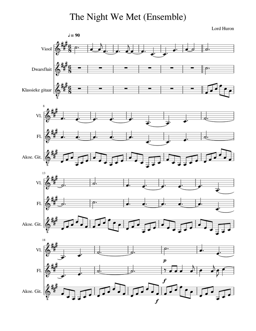The Night We Met - Lord Huron Sheet Music for Flute, Violin, Guitar ...