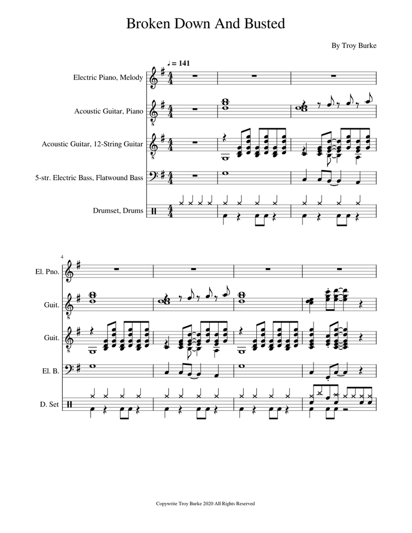 Broken Down And Busted Sheet music for Piano, Guitar, Bass guitar, Drum ...