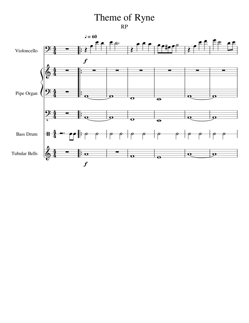 Theme of Ryne Sheet music for Organ, Cello, Bass drum, Tubular bells ...