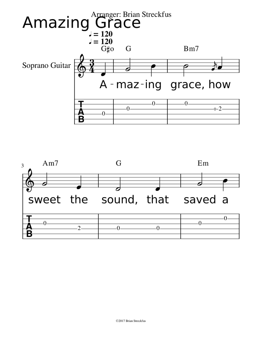 Amazing Grace Guitar with Lyrics and Chords Sheet Music for Guitar (Solo) | MuseScore.com