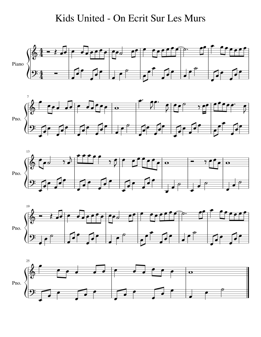 Kids United On Ecrit Sur Les Murs Sheet music for Piano (Solo ...