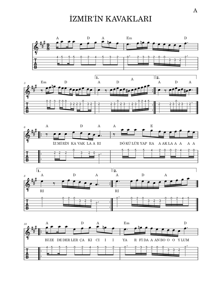 İZMİRİN KAVAKLARI A DOĞRU NOTA AKOR Sheet music for Guitar (Brass Band ...