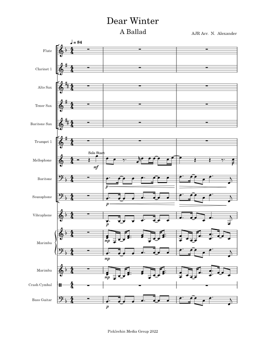 WIP Dear winter – AJR Sheet music for Mellophone, Flute, Clarinet in b ...