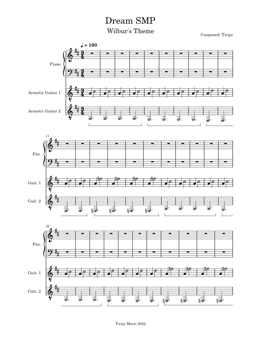 Dream SMP Wilbur's Theme OST Sheet music for Piano, Guitar (Mixed Trio ...