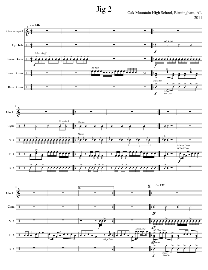 Jig 2 Sheet Music for Glockenspiel, Snare drum, Crash, Tenor drum ...