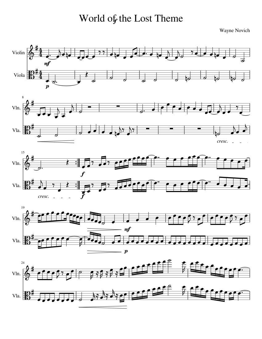 World of the Lost Theme Sheet Music for Violin, Viola (String Duet ...