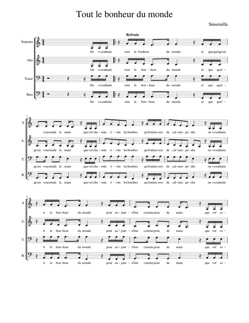 Tout le bonheur du monde Sheet Music for Soprano, Alto, Tenor, Bass ...