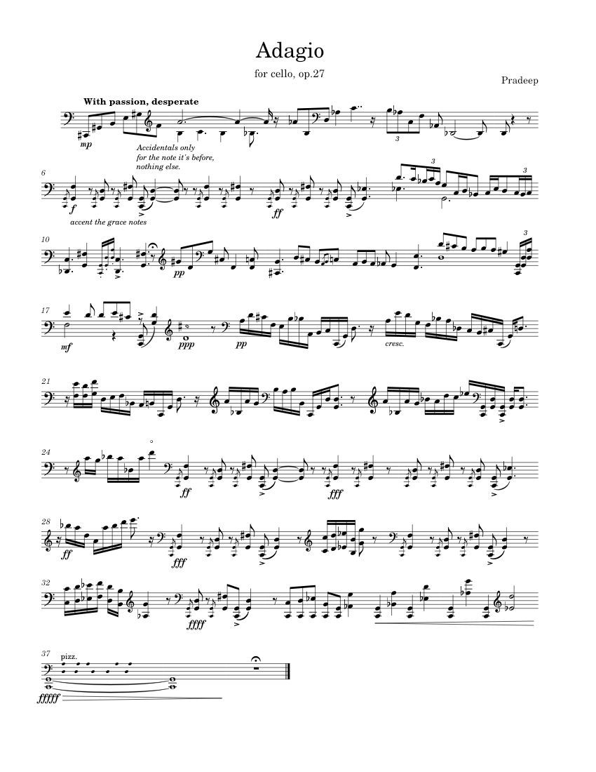 Adagio - solo cello, op.27 - Pradeep (original) Sheet music for Cello ...