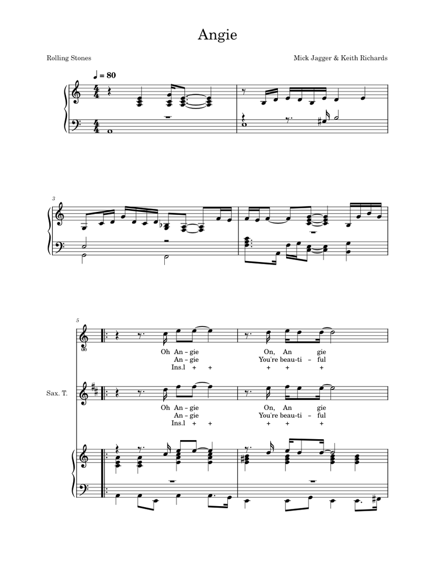 The Rolling Stones - Angie Sheet Music for Piano, Vocals, Saxophone ...