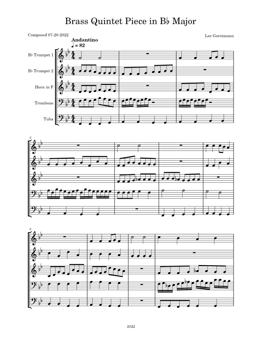 Brass Quintet Piece in Bb Major Sheet music for Trombone, Tuba, Trumpet ...