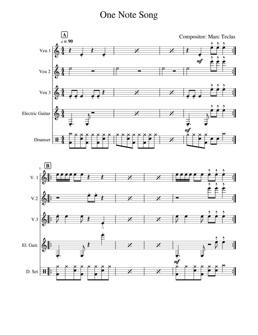 One_Note_Song Sheet music for Flute, Violin, Guitar, Drum group (Mixed ...
