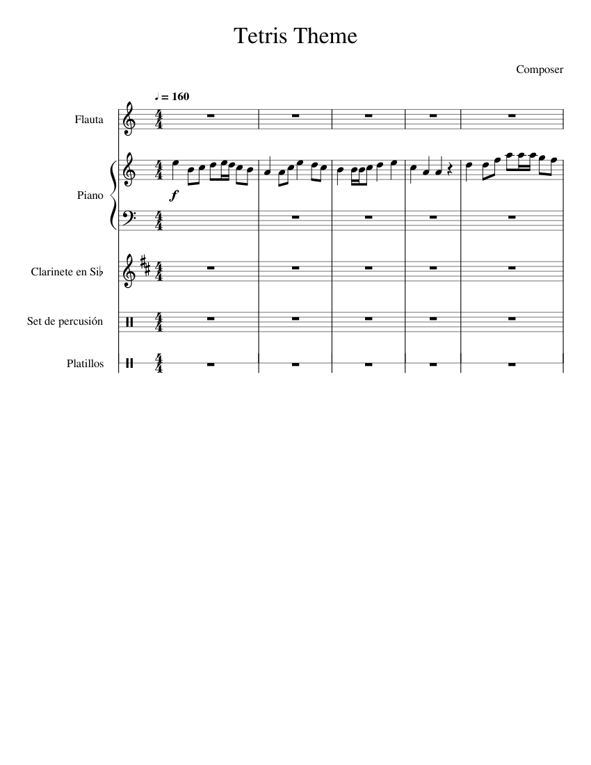 Korobeiniki (Tema de Tetris) Sheet music for Piano, Flute, Clarinet in ...