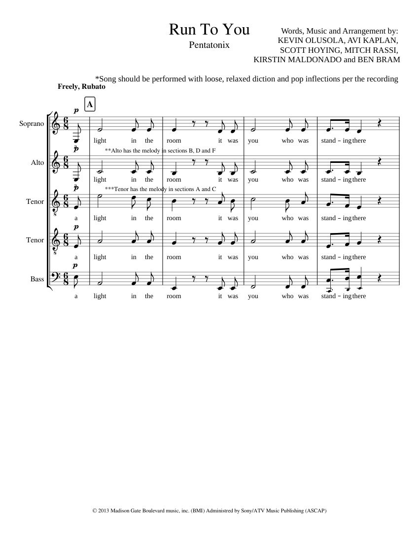 Run To You - Full arrangement with Lyrics Sheet Music for Alto, Tenor ...