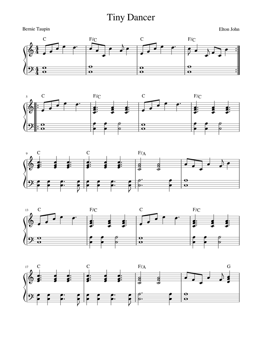 Tiny Dancer - Elton John Sheet Music with Chords for Piano (Solo) easy ...